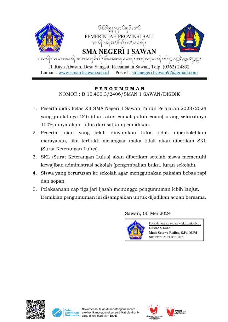 PENGUMUMAN KELULUSAN SISWA KELAS XII TAHUN 2024 – SMA NEGERI 1 SAWAN